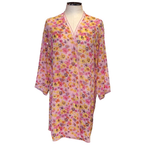 Intimates & Sleepwear | Josie Natori Pink Floral Chiffon Robe Midi ...